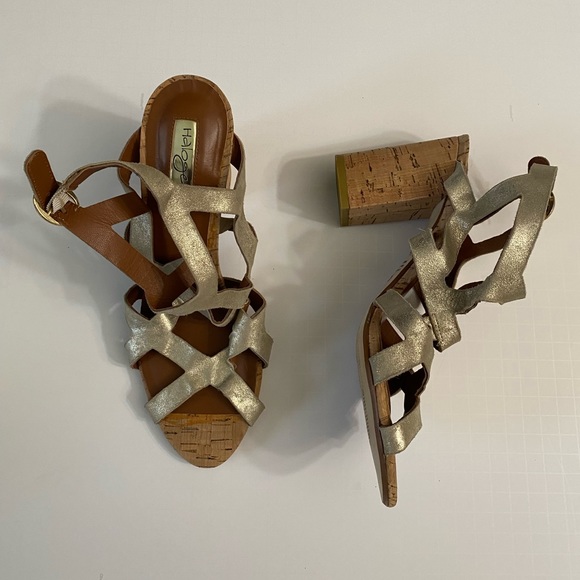 Halogen | Shoes | Halogen Graceylea Gold Suede Cork Heeled Sandals Size ...